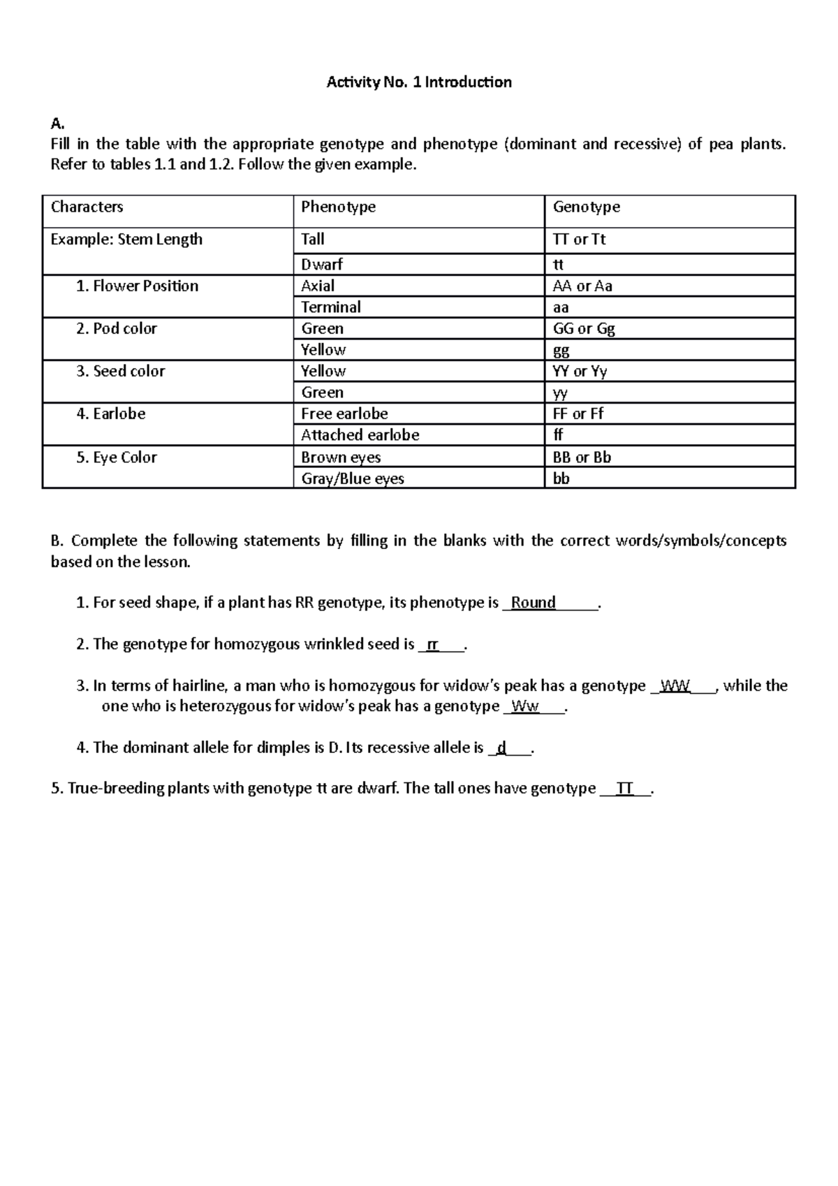 Activity No. 1 Introduction to Genetics - Activity No. 1 Introduction A ...
