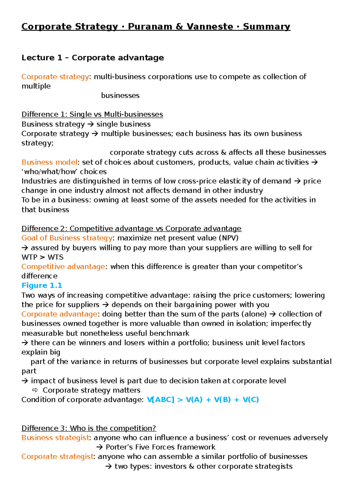 Corporate Strategy Summary - Corporate Strategy Puranam Vanneste ...