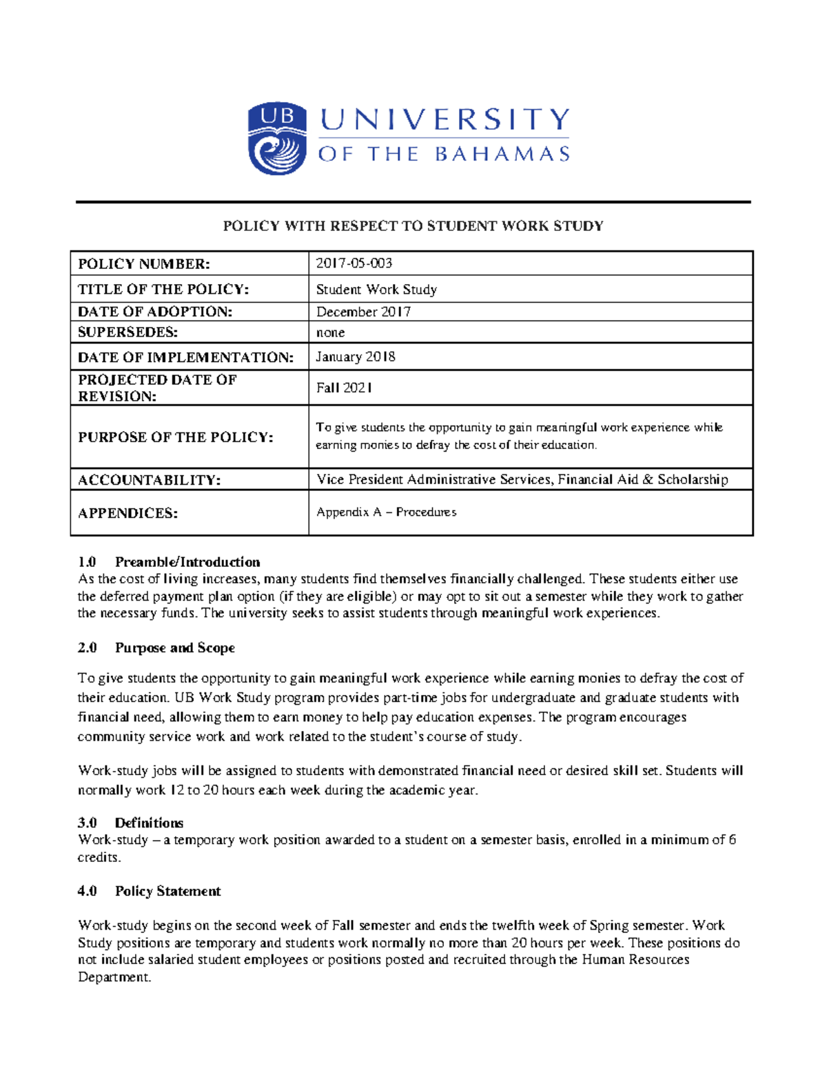 Policy Student Work Study Final 2017 05 003 - POLICY WITH RESPECT TO ...