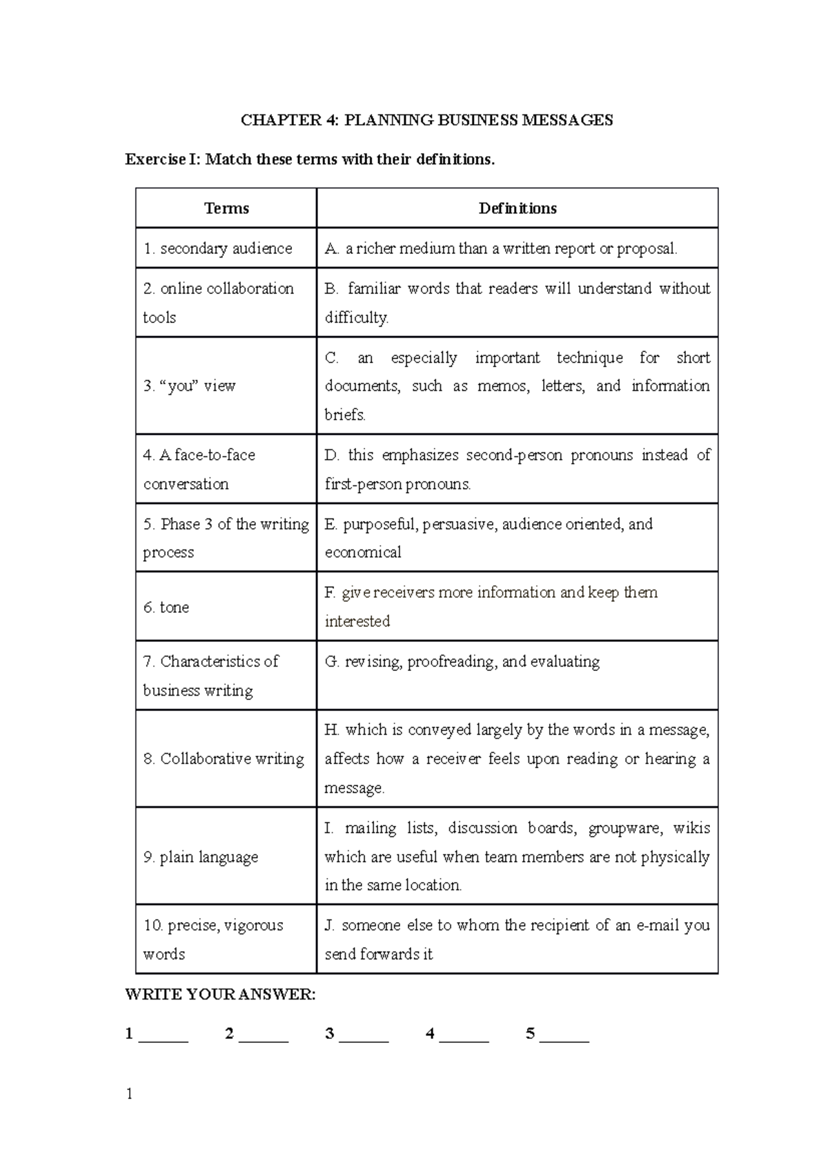 Chapter 4 - CHAPTER 4: PLANNING BUSINESS MESSAGES Exercise I: Match ...
