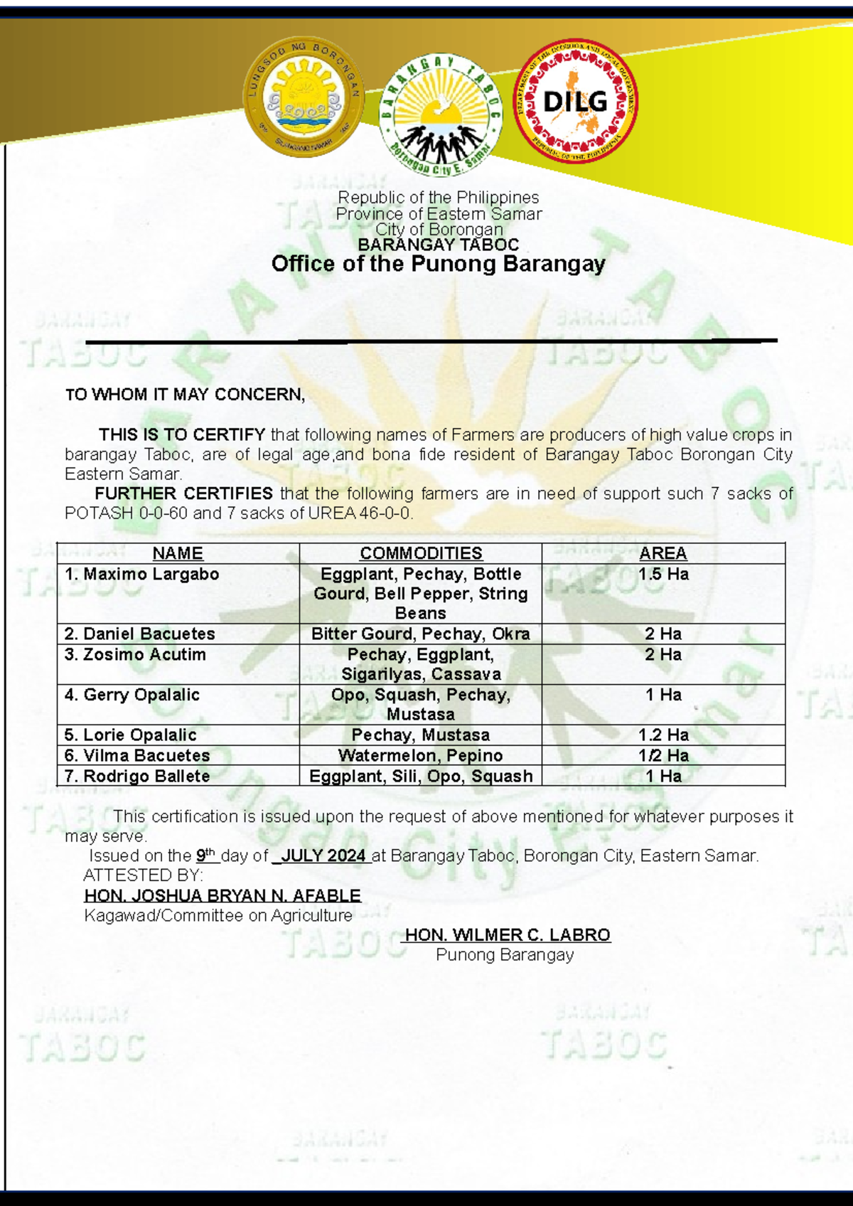 Agri Certificate - Republic of the Philippines Province of Eastern ...