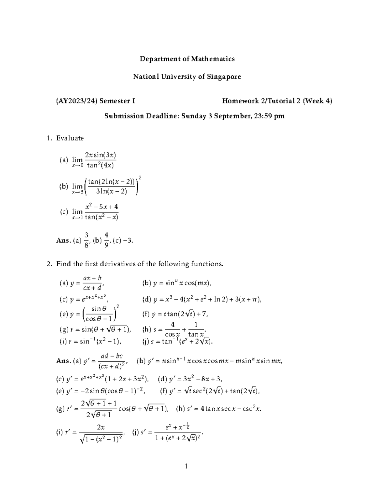 MA1521 Homework Tutorial 2 - Department of Mathematics Nationl University of Singapore (AY2023 ...