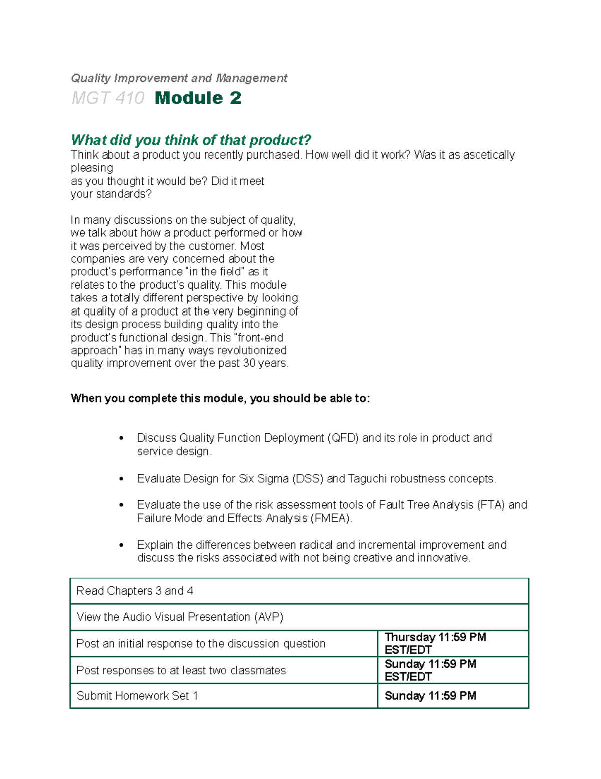 Mod Notes - Quality Improvement and Management MGT 410 Module 2 What ...