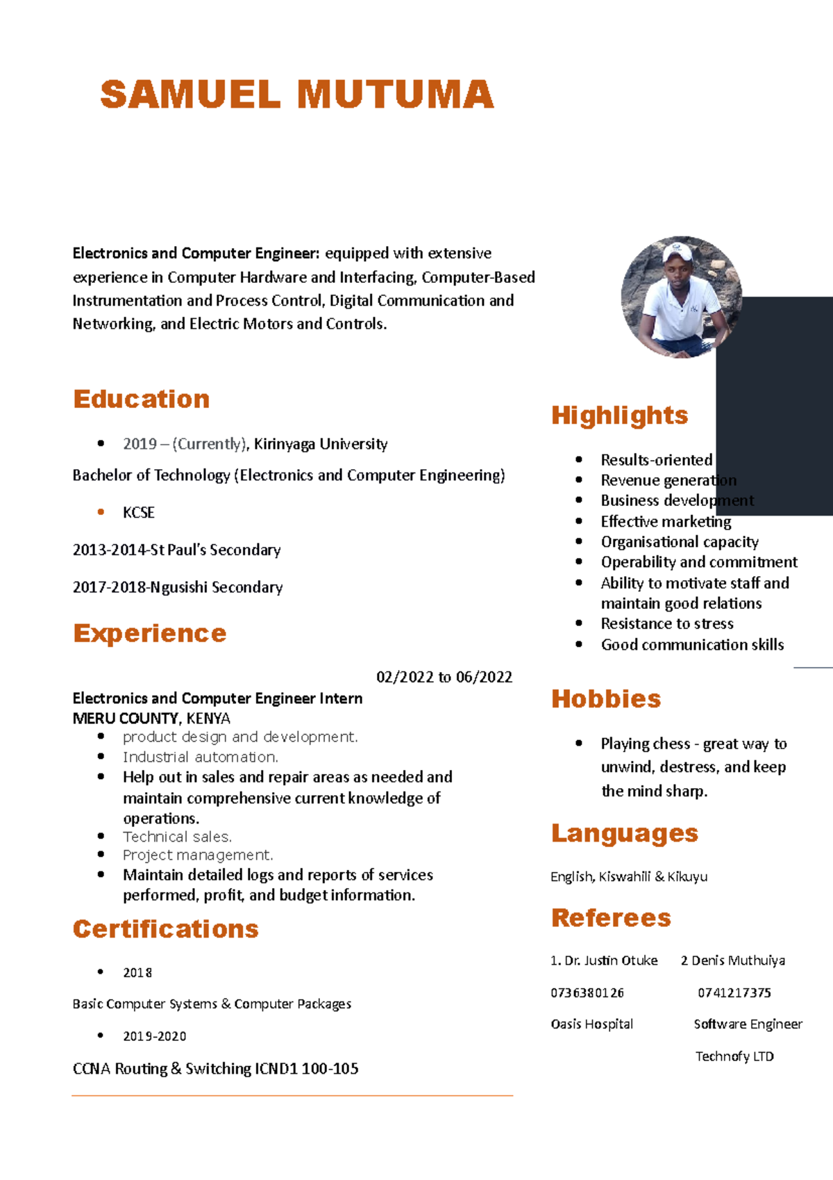 CV Samuel Mutuma Wambugu - Education 2019 – (Currently), Kirinyaga ...