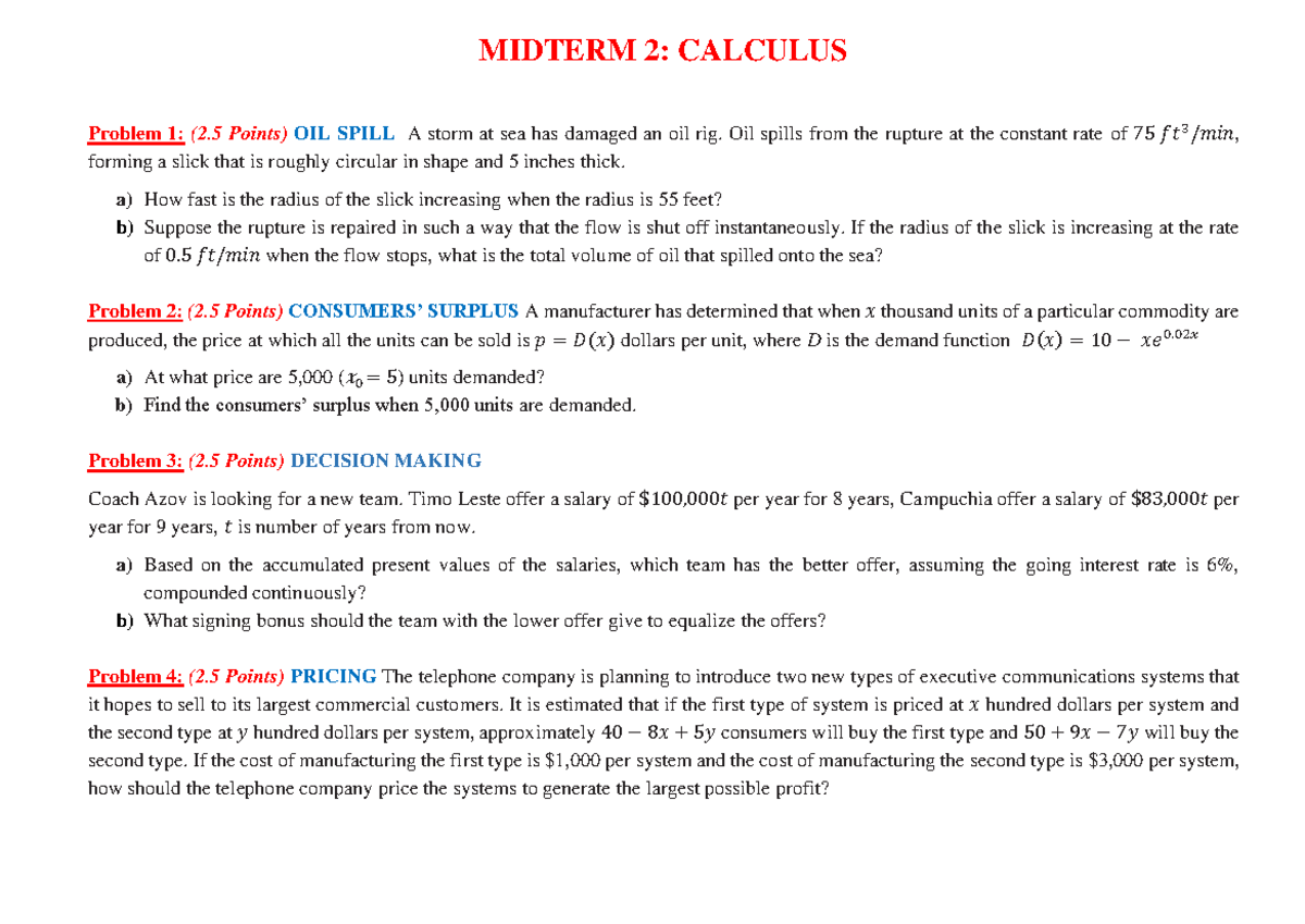 Linear and calculus algebra midterm - MIDTERM 2: CALCULUS Problem 1: (2 ...