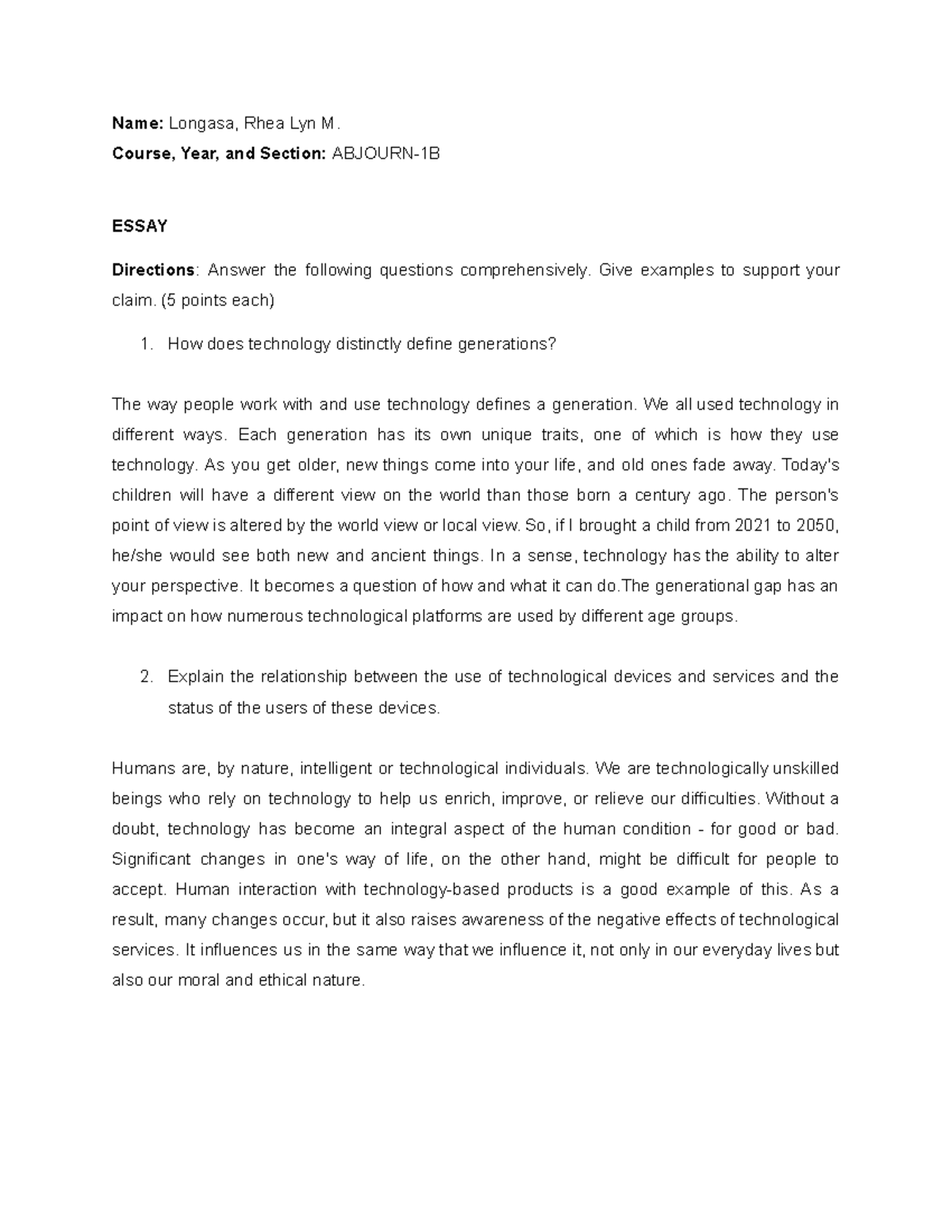 Quiz (Chapter 5) GNED 05 - Name: Longasa, Rhea Lyn M. Course, Year, and ...