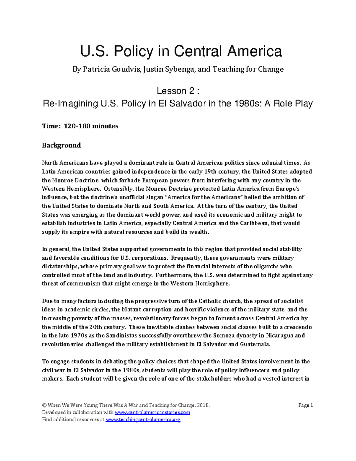 Lesson 2 Re-Imagining U.S. Policy in El Salvador in the 1980s A Role ...