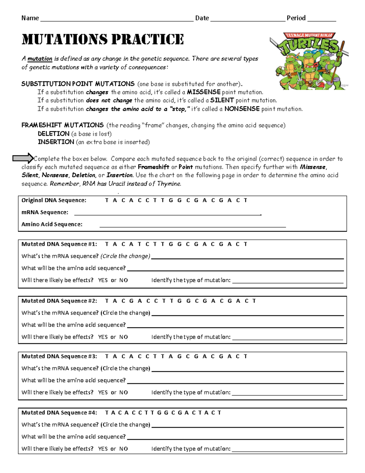 Mutation practice - answers or sum like that - Name