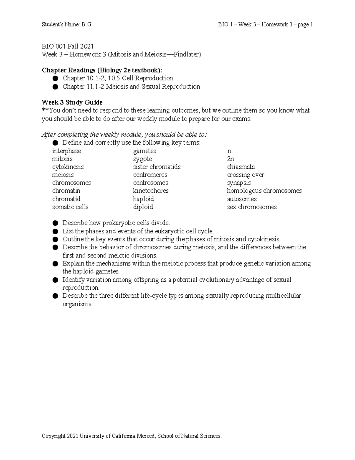 Bio 001 homework week 3 - BIO 001 Fall 2021 Week 3 – Homework 3 ...