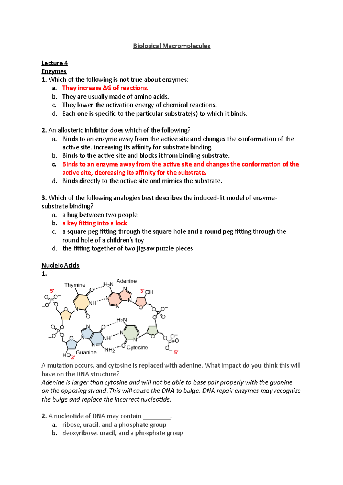Lecture 4 Questions and Answers - Biological Macromolecules Lecture 4 ...