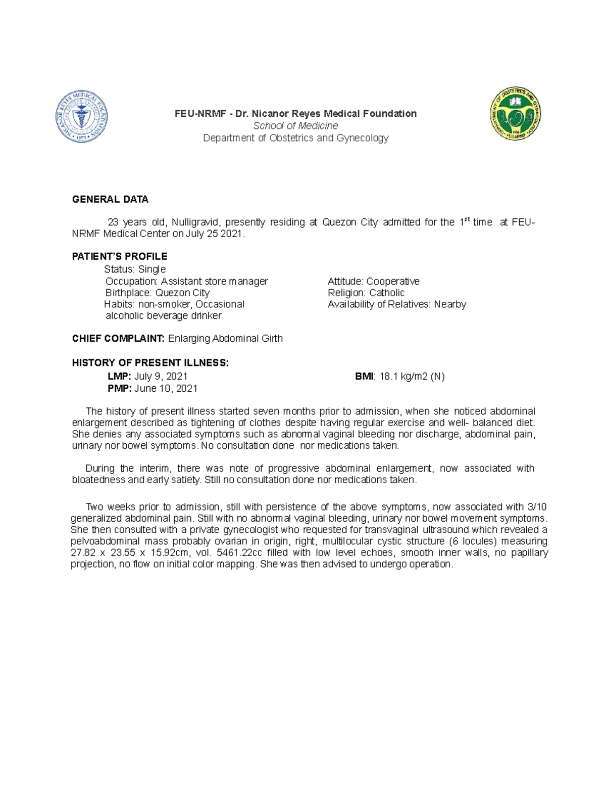 ONG 1 - Sample case - FEU-NRMF - Dr. Nicanor Reyes Medical Foundation ...