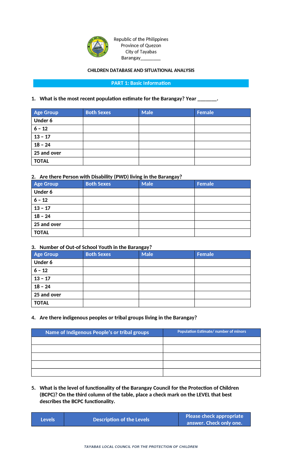 Database for Children and Situational Analysis - Republic of the ...