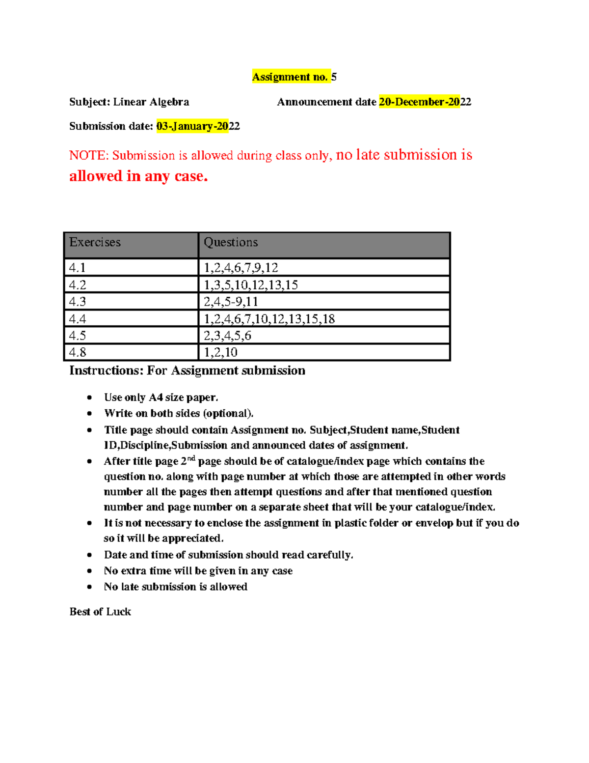 Assignment no 5 - dsa - Assignment no. 5 Subject: Linear Algebra Announcement date 20-December ...