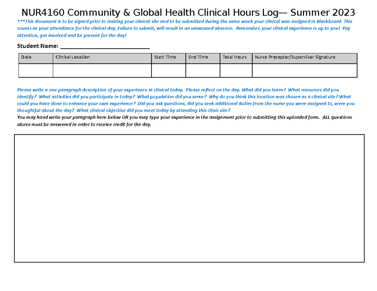 NUR4160 Clinical Hours Log Summer 2023(1) - NUR4160 Community & Global ...