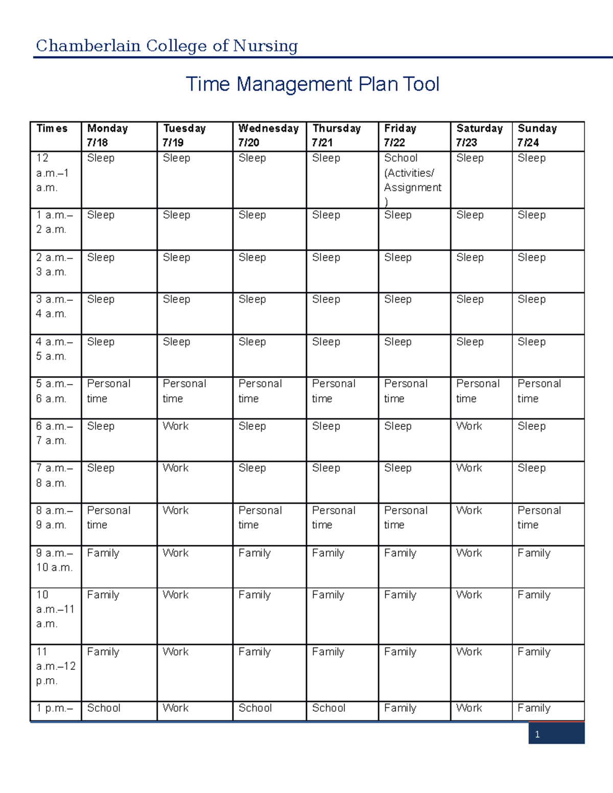 Week 3 Time Management Tool - Chamberlain College of Nursing Time ...