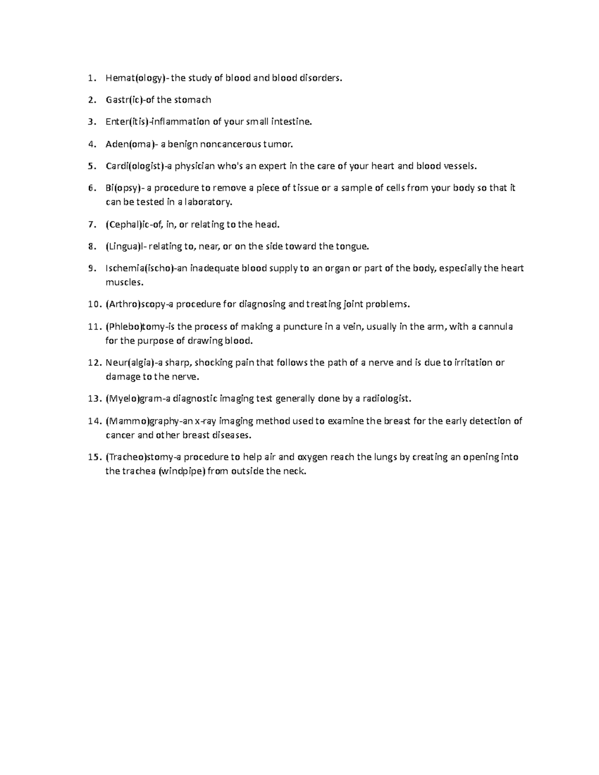 Medical terminogly - Med term worksheet - Hemat(ology)- the study of ...