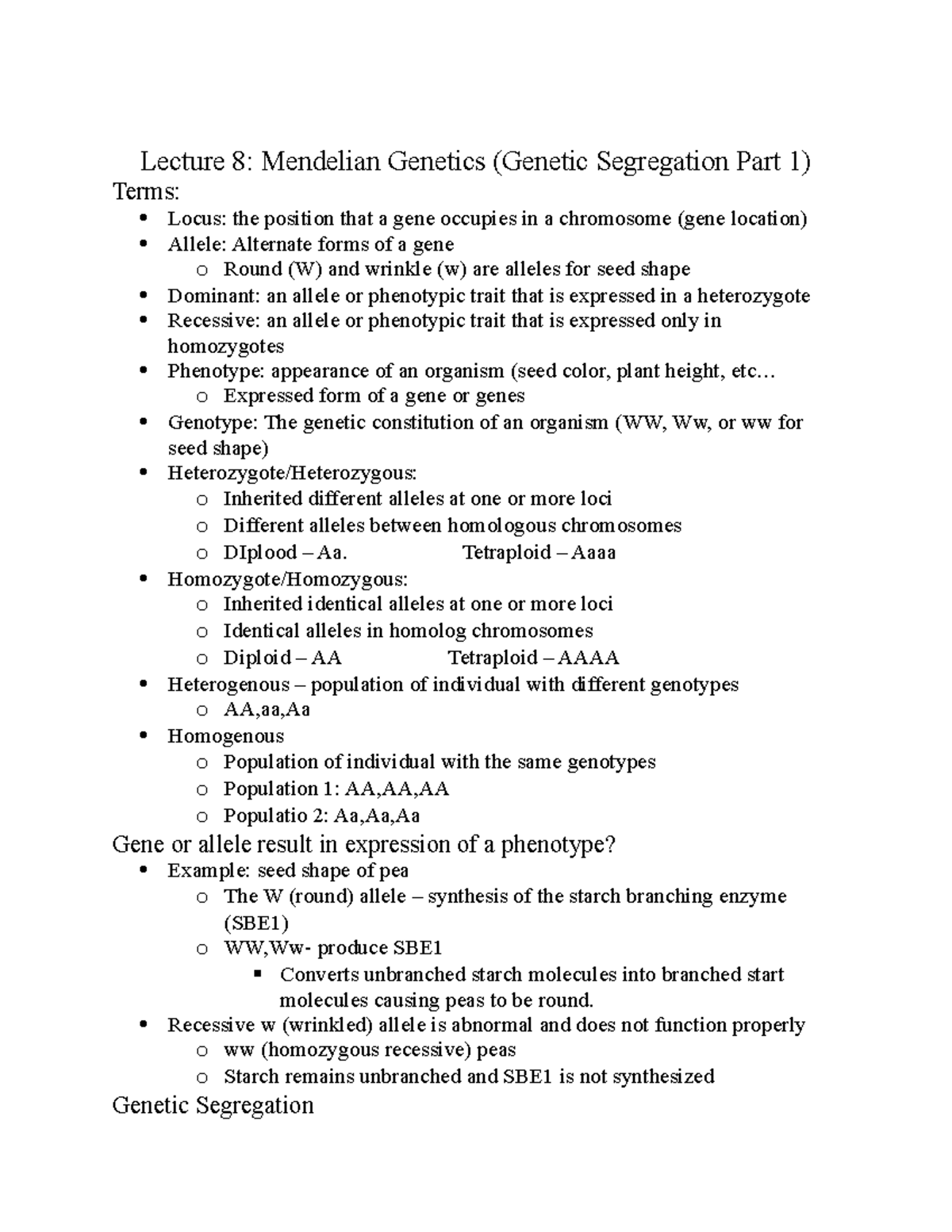 Lecture 8 Mendelian Genetics - Lecture 8: Mendelian Genetics (Genetic ...
