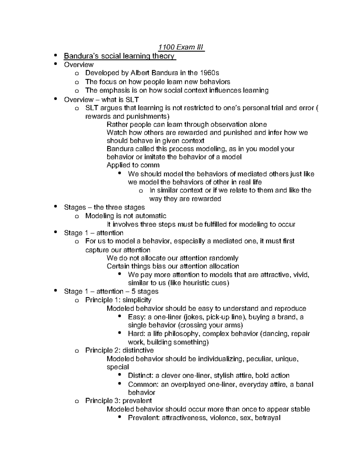 Comm 1100 Exam #3 Notes - 1100 Exam III • Bandura’s social learning ...