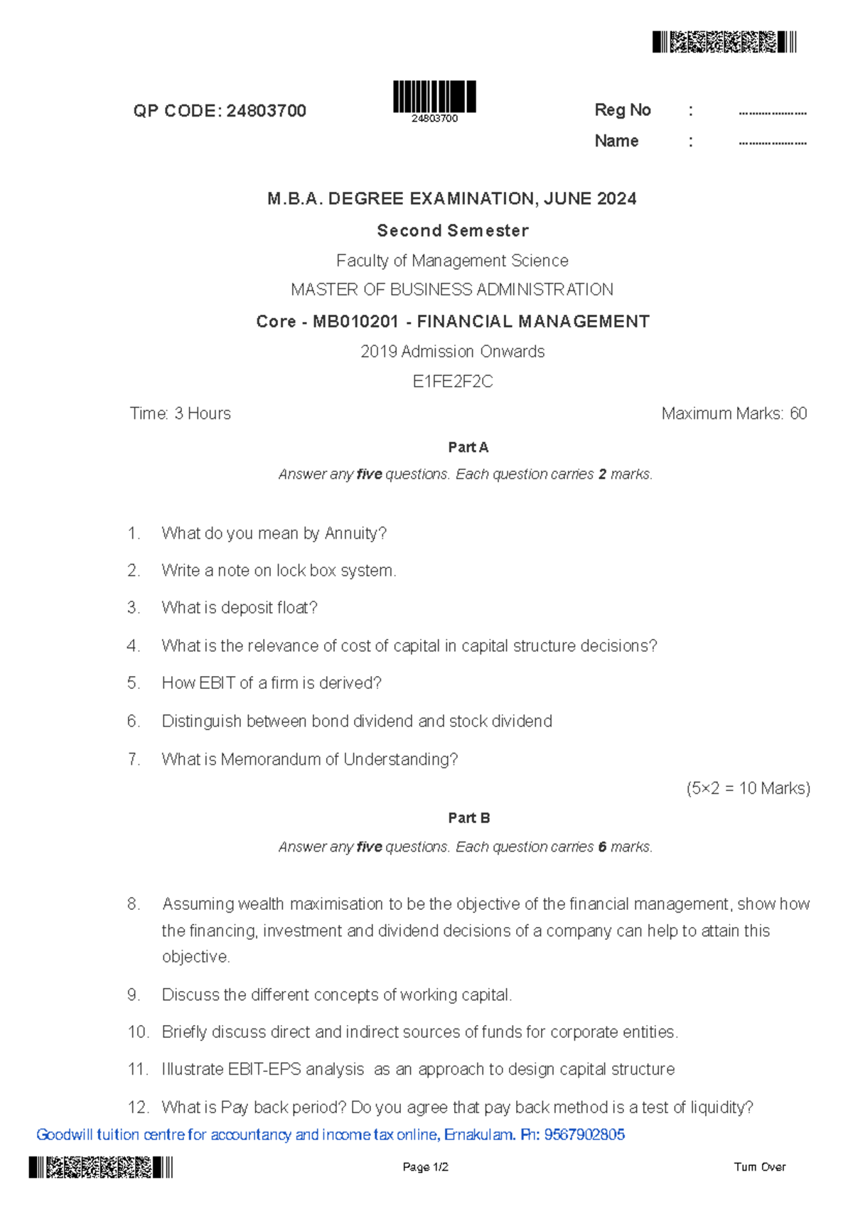 MBA QP JUNE 2024 2ND SEM FM MGU ️ - QP CODE: 24803700 Reg No ...