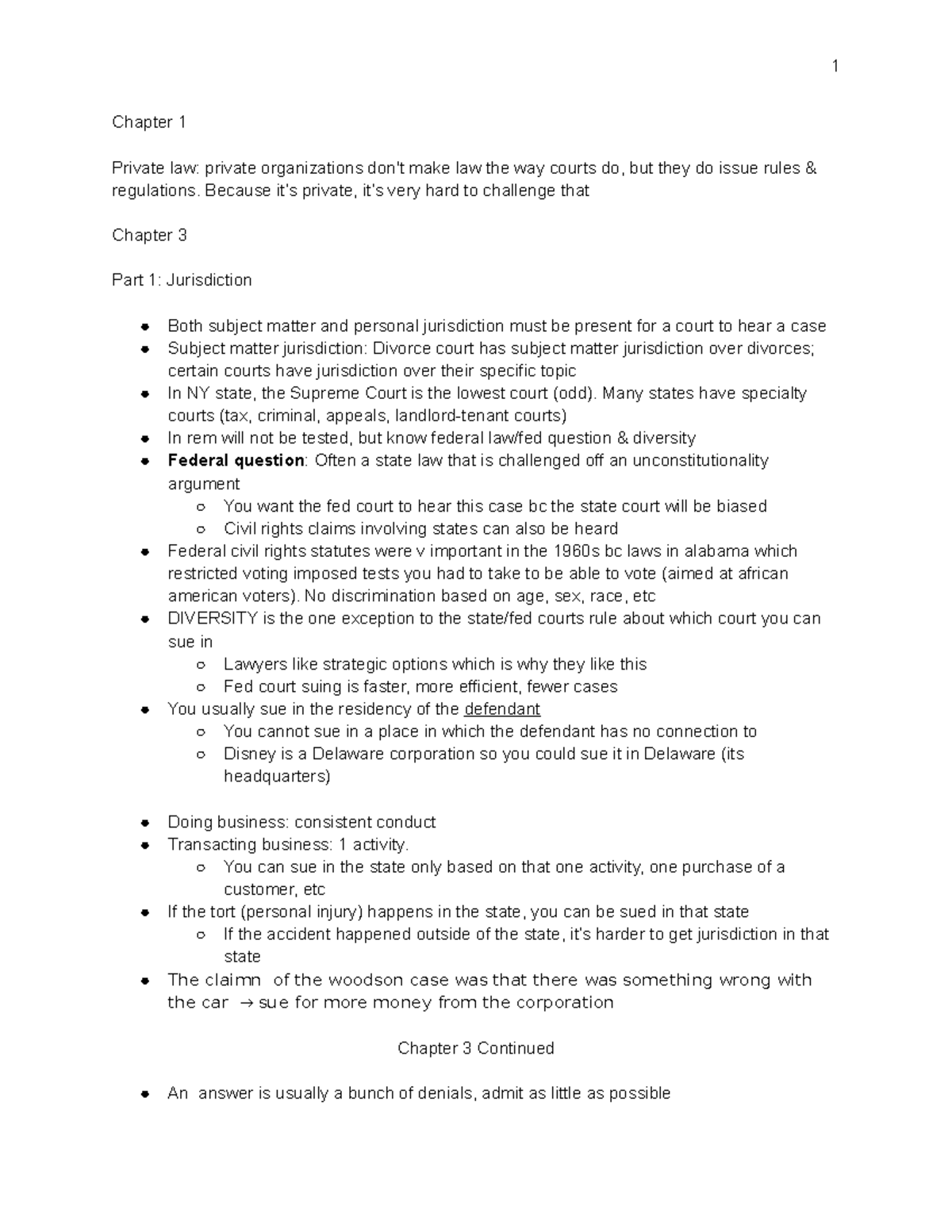 Legal Class Notes - Before Midterm - 1 Chapter 1 Private law: private ...