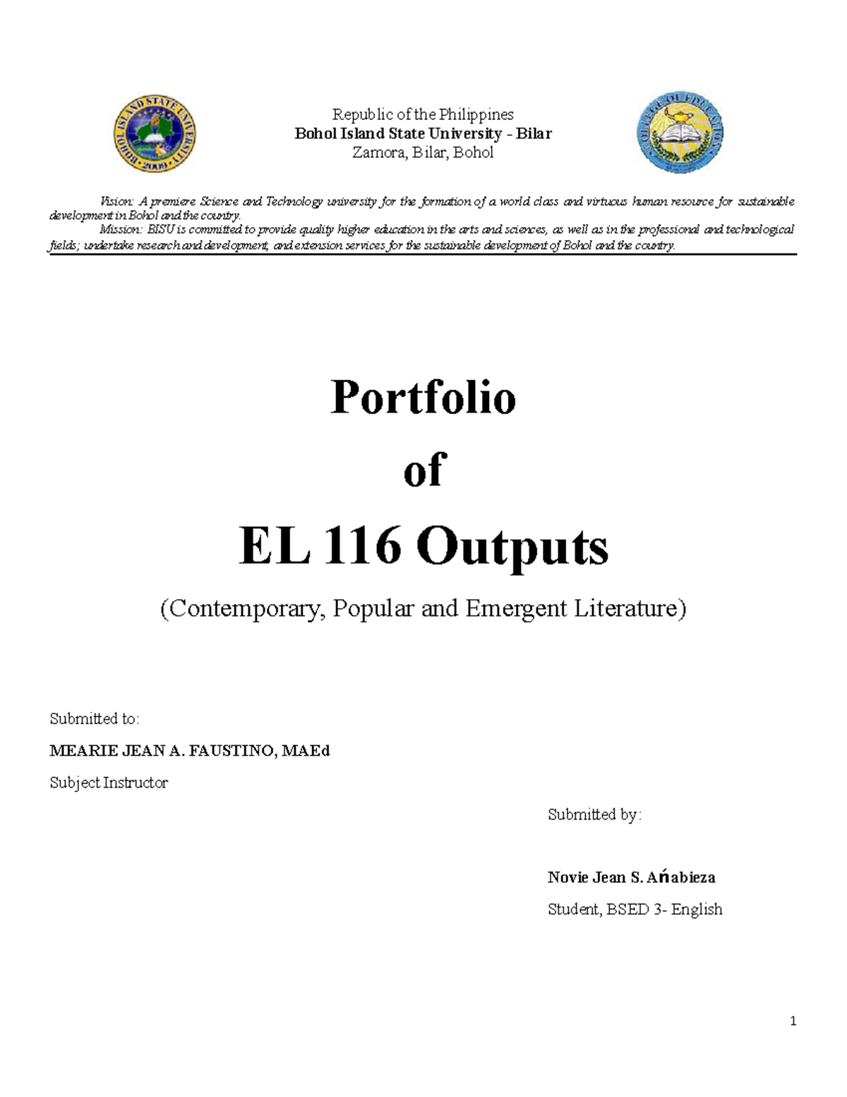 EL 116 Portfolio Template - Republic of the Philippines Bohol Island ...