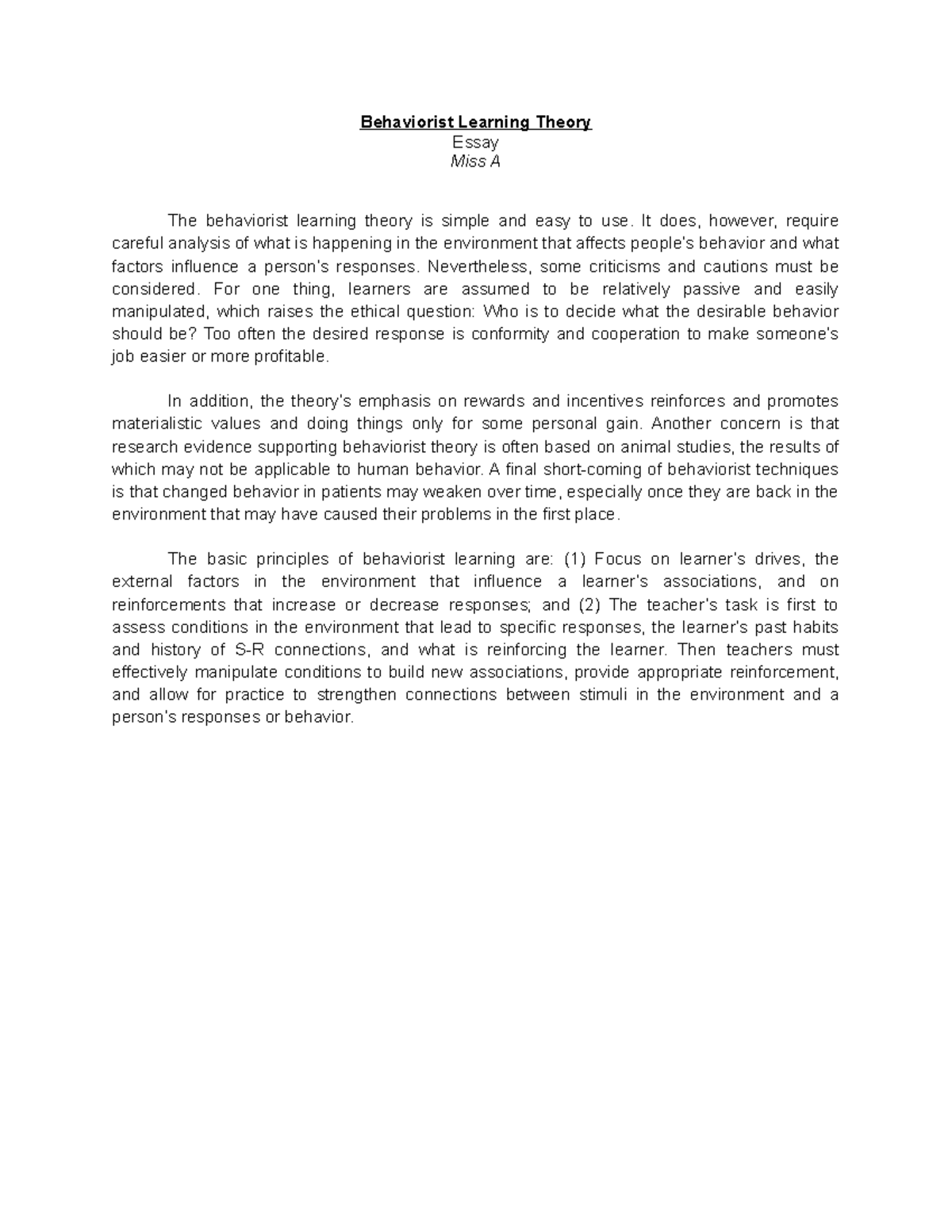 Behaviorist Learning Theory Essay Behaviorist Learning Theory Essay behaviorist-learning-theory-essay-behaviorist-learning-theory-essay