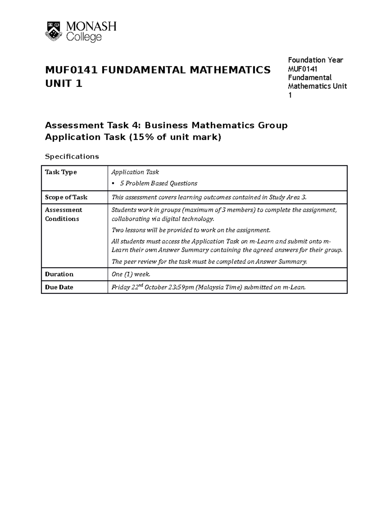 Business Maths Group Task Sem 2 2021 - BUS1100 - Monash - Studocu