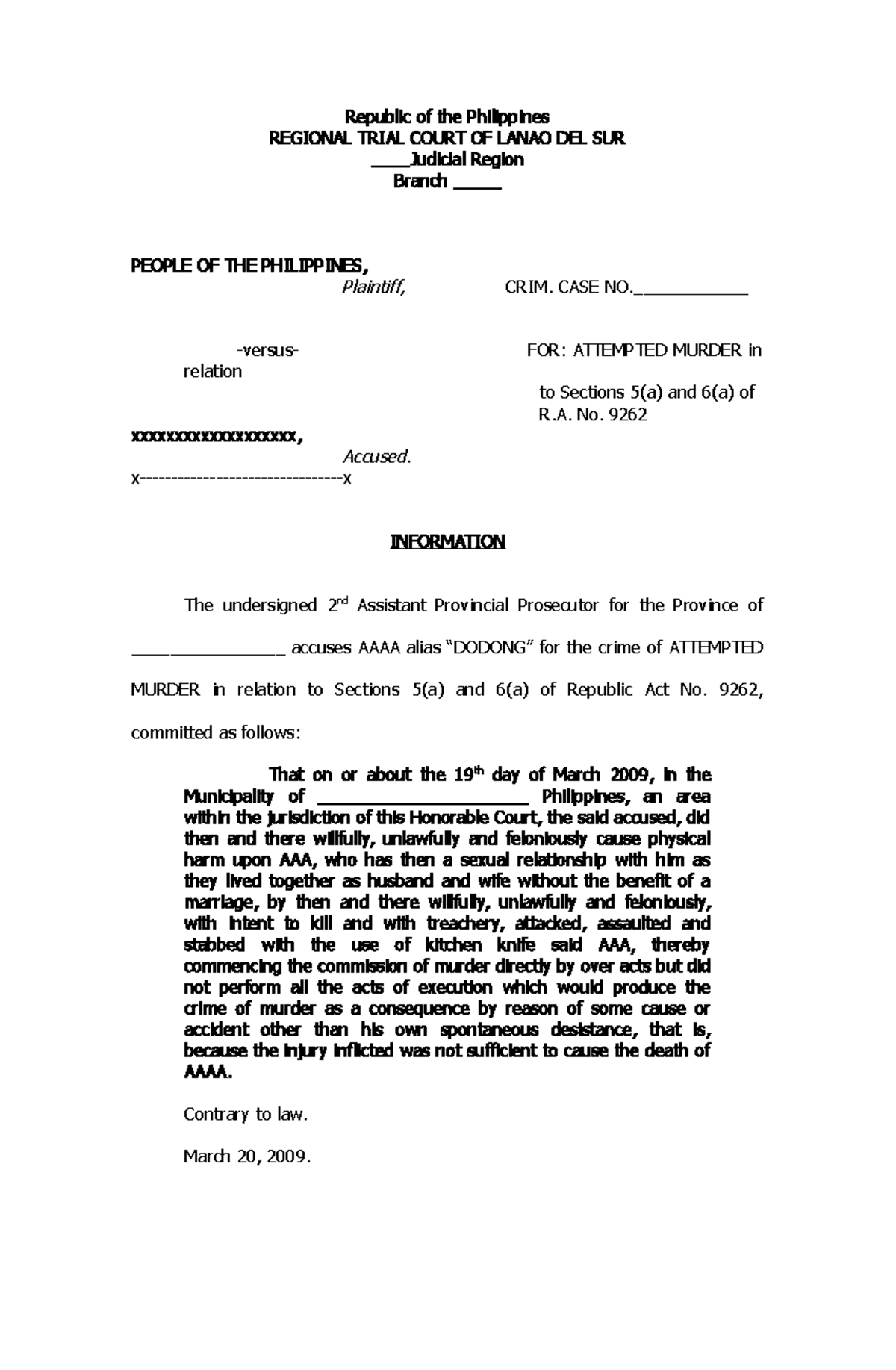 INFO [RA 9262]6 - INFORMATION FOR VIOLATION OF RA 9262 - Republic of ...