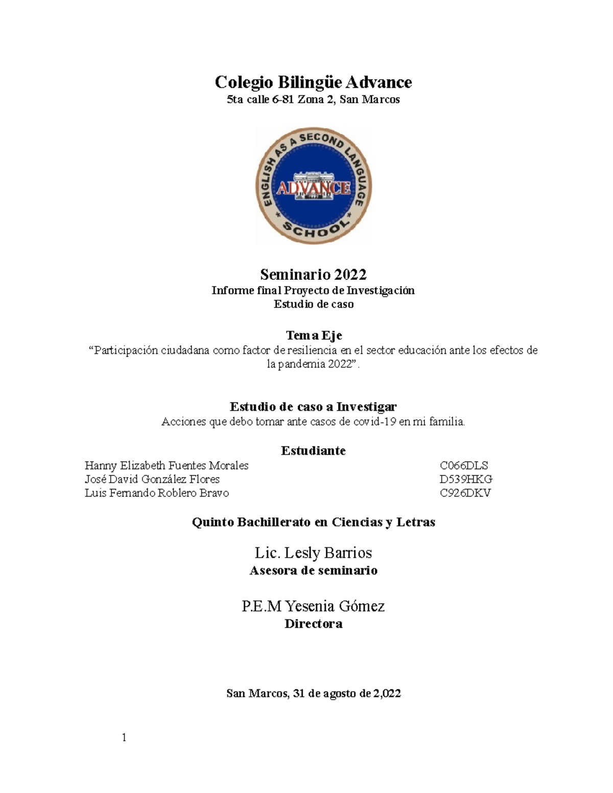 Proyecto de Investigación Seminario - Colegio Bilingüe Advance 5ta ...