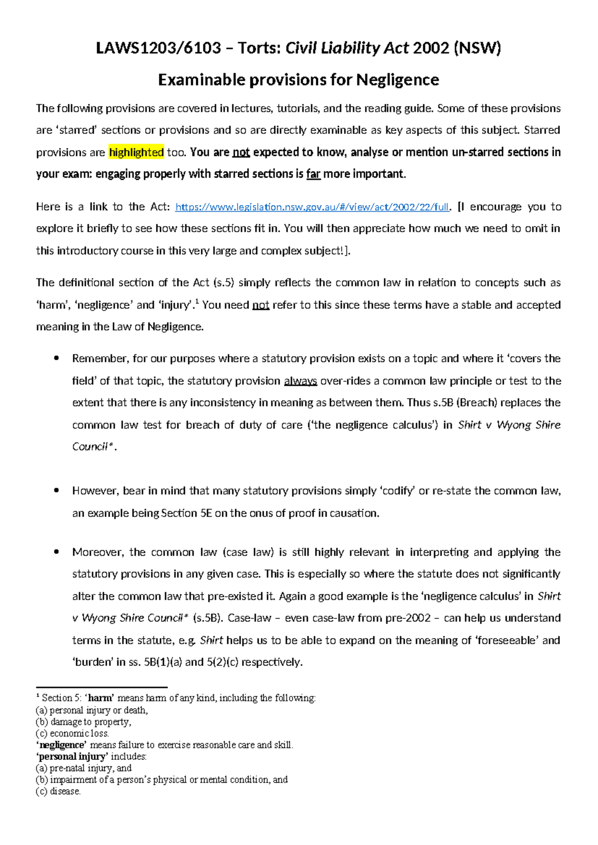 Torts Negligence Civil Liability Act sections - LAWS1203/6103 – Torts ...