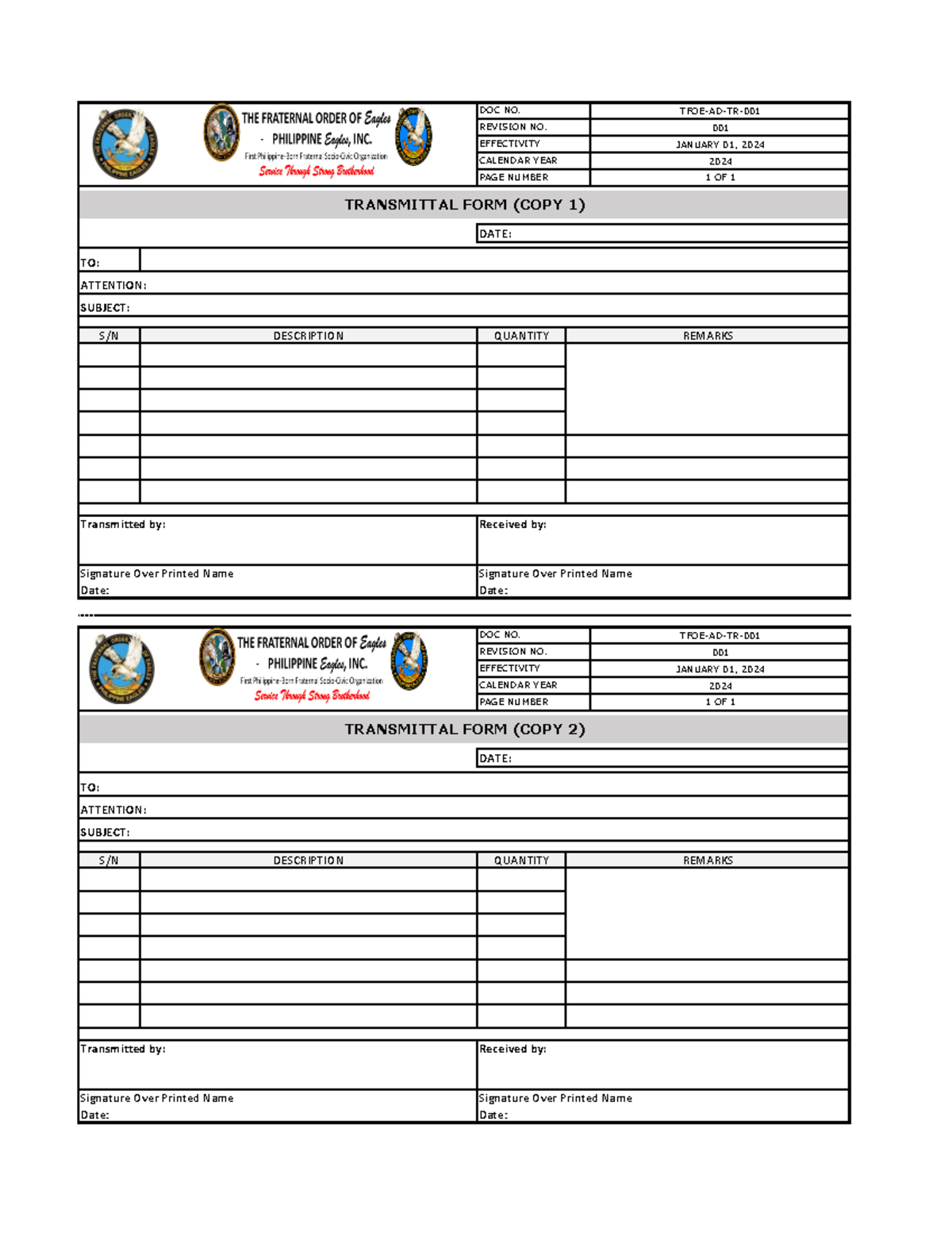 TFOE Transmittal FORM 3 - TFOE-AD-TR- 001 JANUARY 01, 2024 2024 1 OF 1 ...