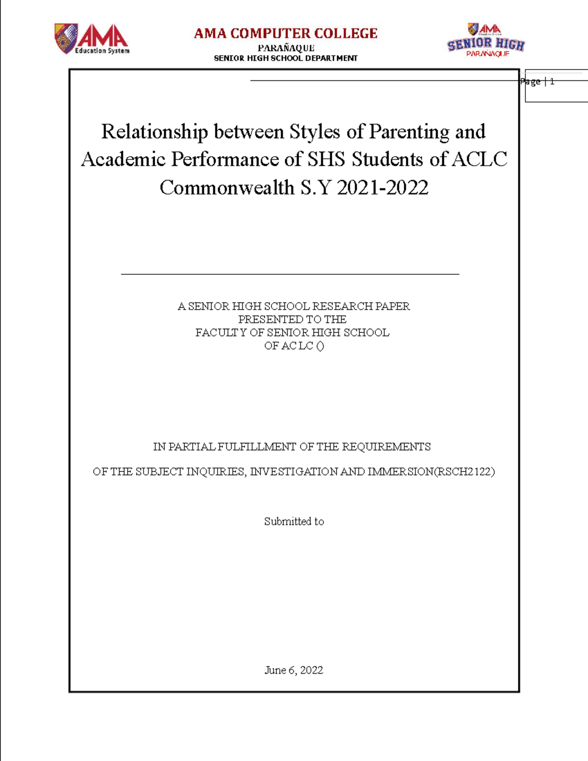 Defence work by ACLC - Relationship between Styles of Parenting and ...