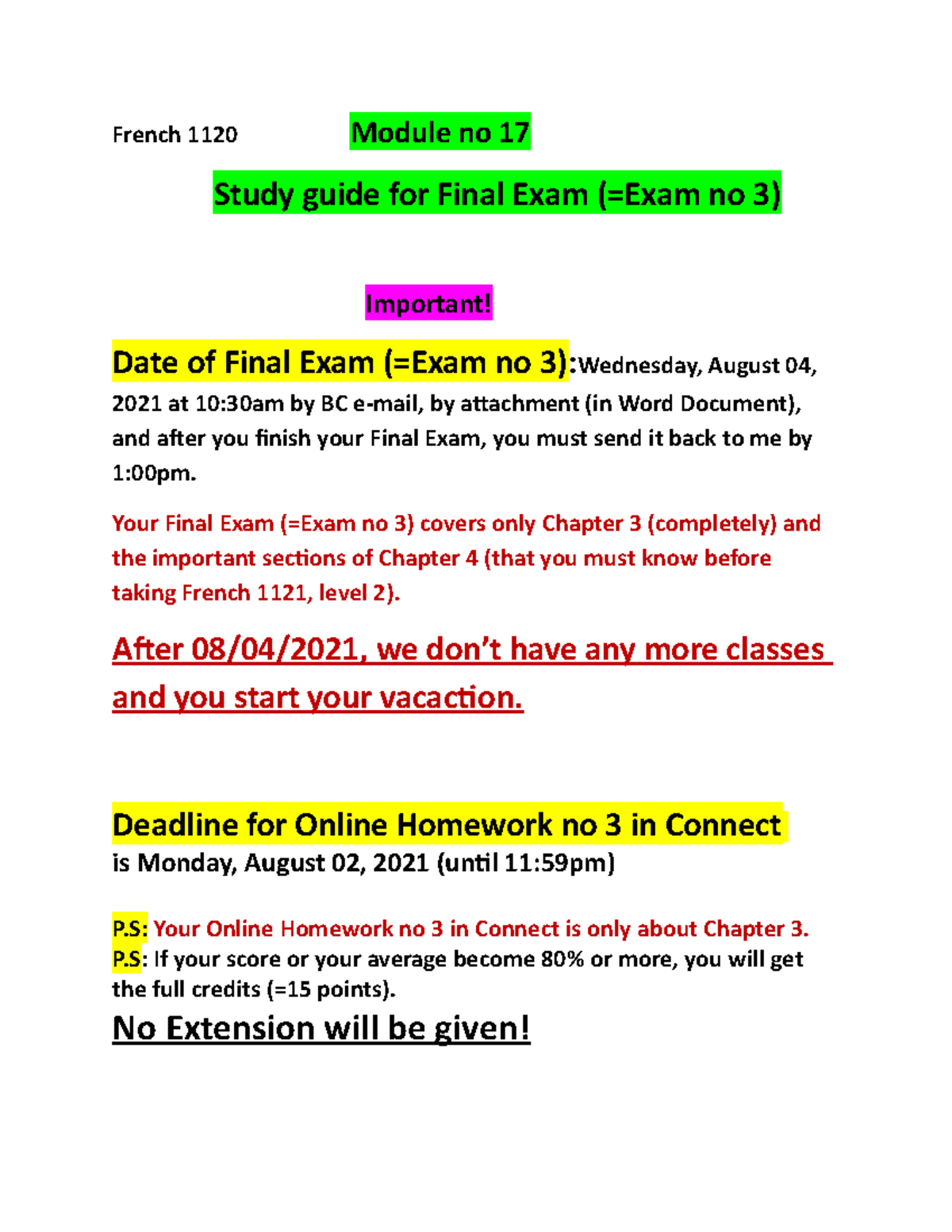 Module no 17 Study guide for Final Exam (=Exam no 3) in Summer 2021 ...