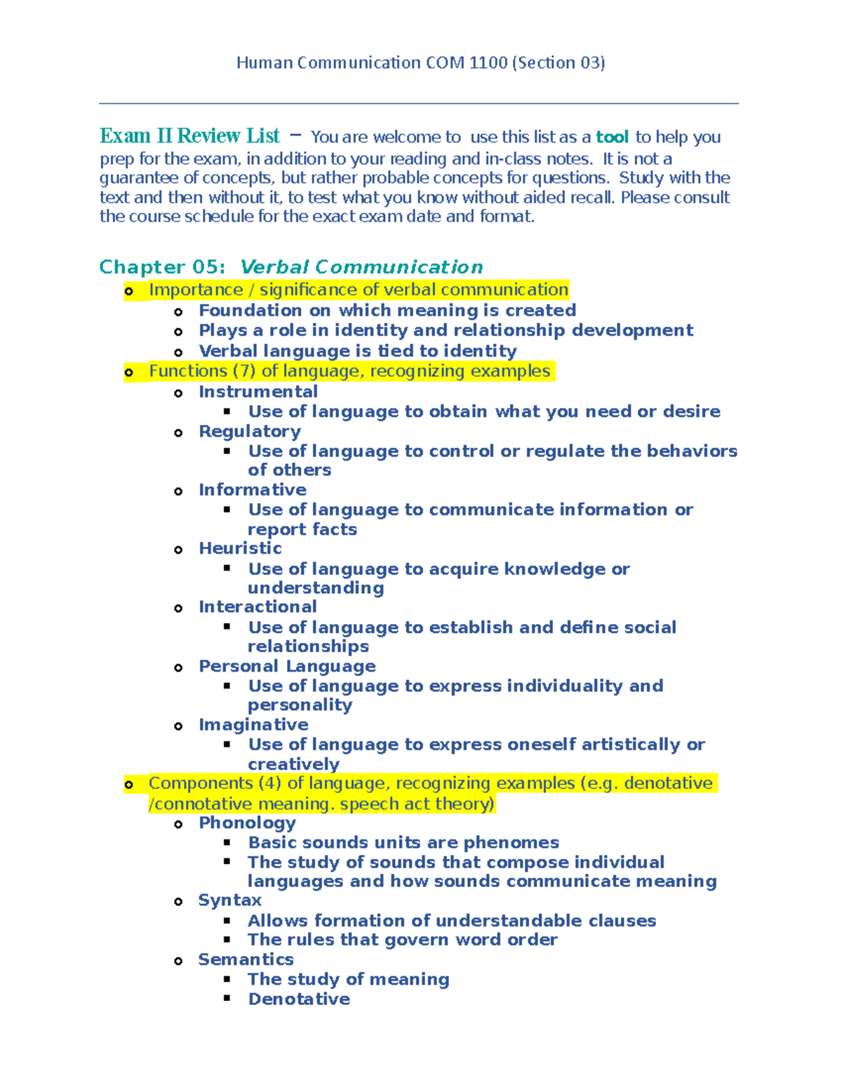 Exam 2 Study Guide - Human Communication COM 1100 (Section 03) Exam II ...
