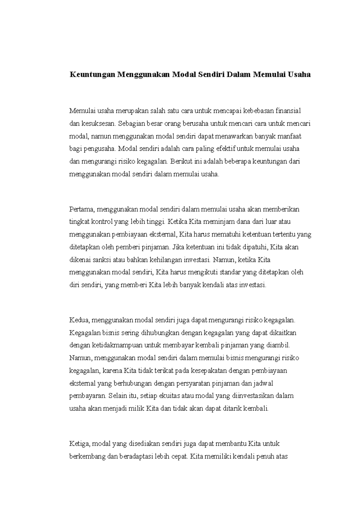Keuntungan Menggunakan Modal Sendiri Dalam Memulai Usaha - Sebagian ...