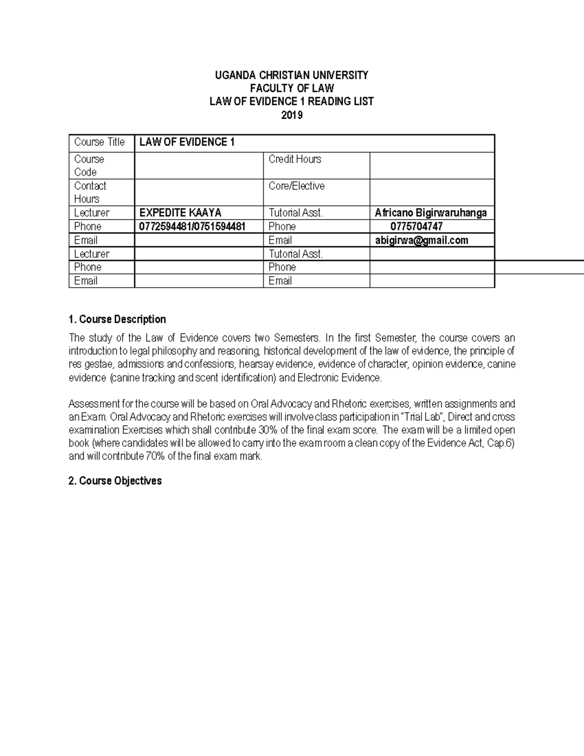 Evidence 1 Reading LIST 2019 - UGANDA CHRISTIAN UNIVERSITY FACULTY OF ...