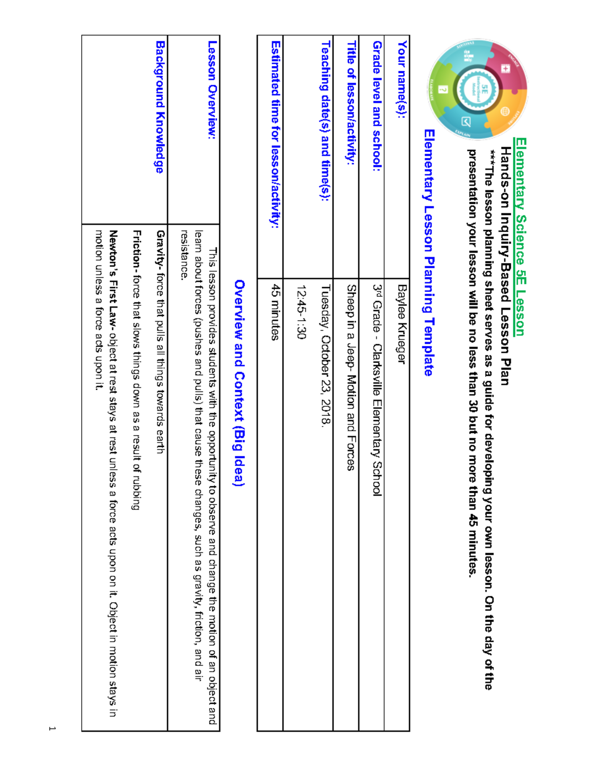 Final Science Lesson Forces and Motion - Elementary Science 5E Lesson ...