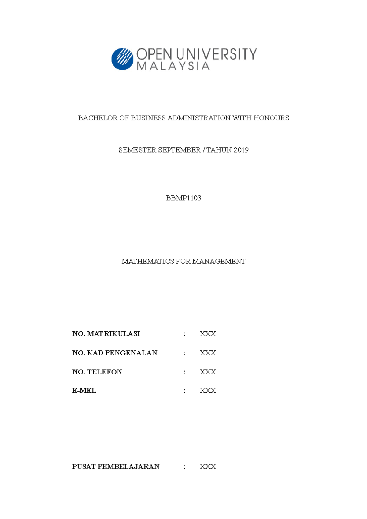 Assignment Mathematics for Management - BACHELOR OF BUSINESS ADMINISTRATION WITH HONOURS ...