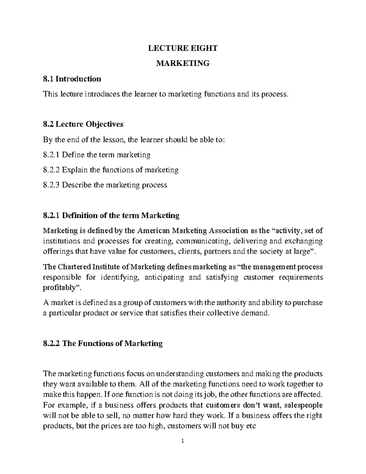 Marketing - Study notes - LECTURE EIGHT MARKETING 8 Introduction This ...