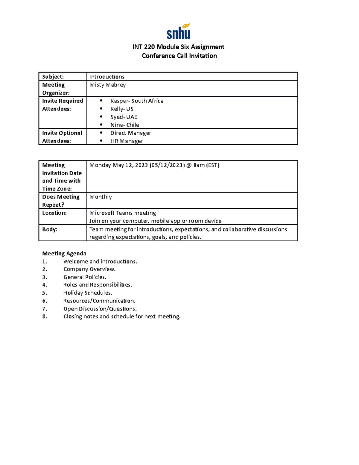 INT 220 Conference Call Invitation - INT 220 Module Six Assignment ...