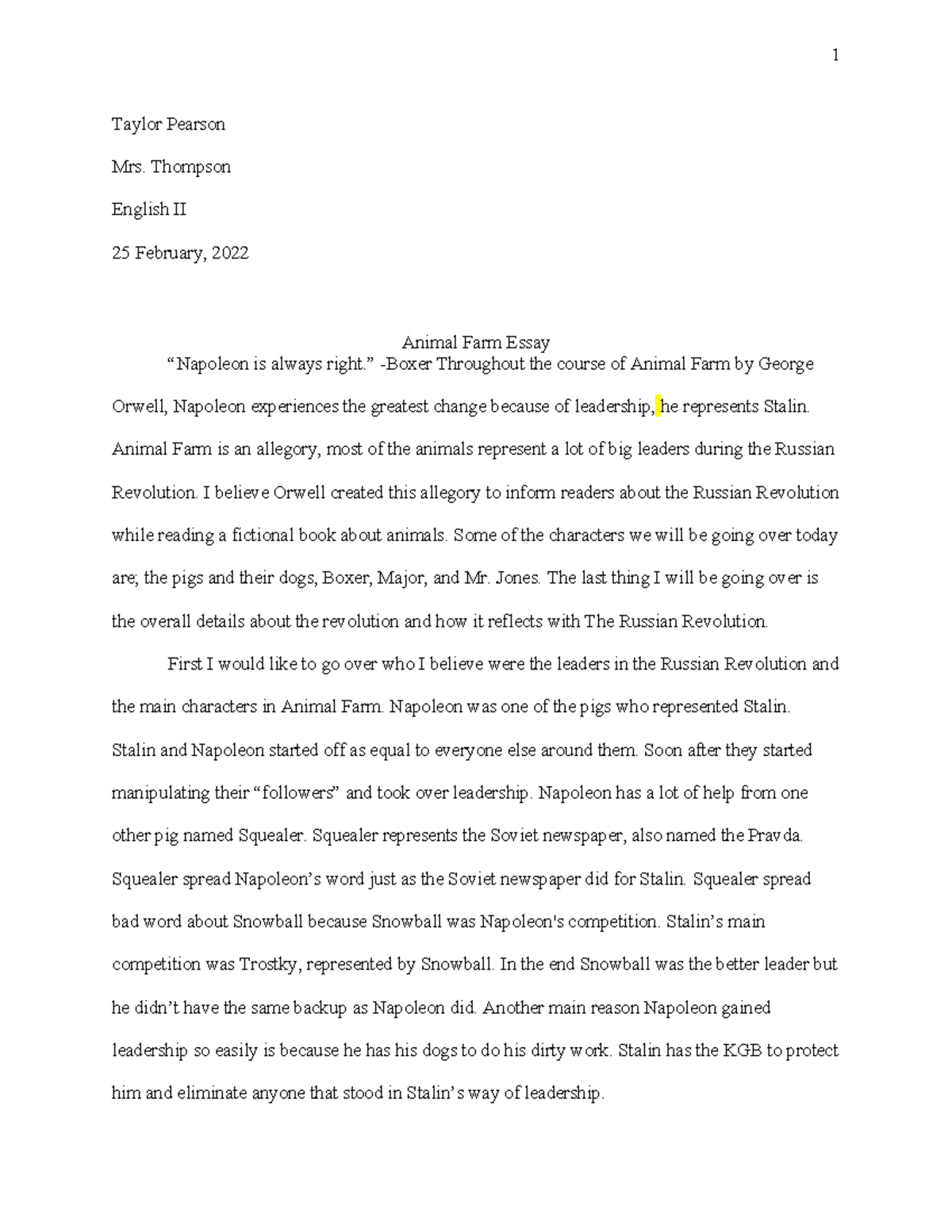 Animal farm essay - 1 Taylor Pearson Mrs. Thompson English II 25 ...