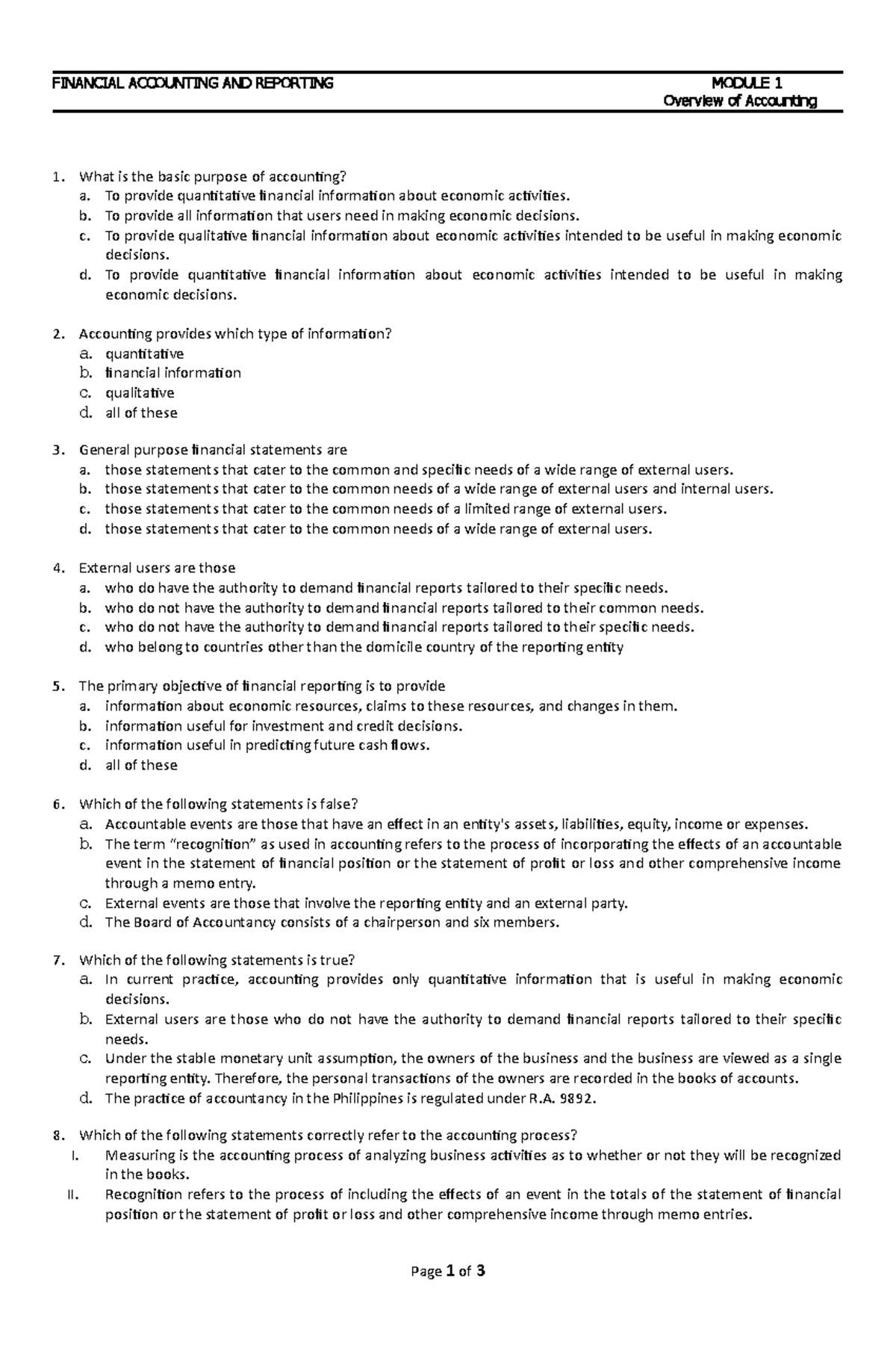 FAR Module 1 - Overview of Accounting - FINANCIAL ACCOUNTING AND ...