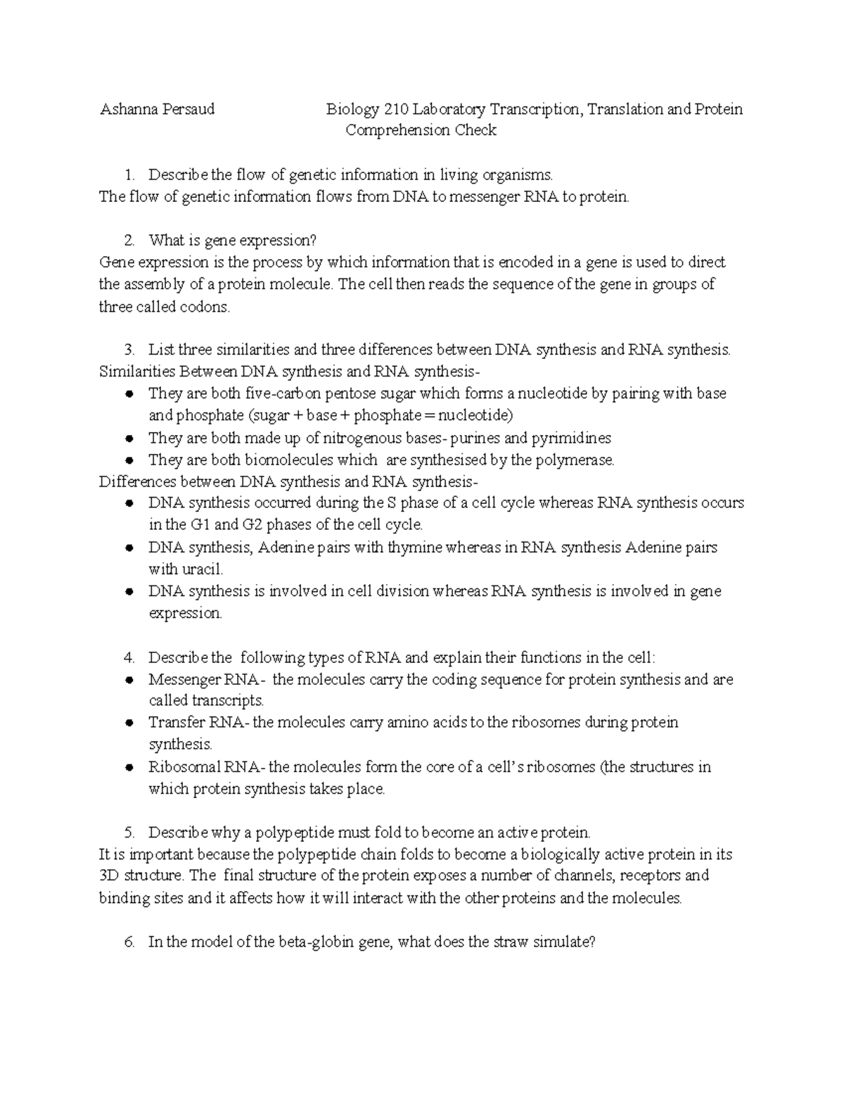 Laboratory Transcription Translation and Prot. - Ashanna Persaud ...