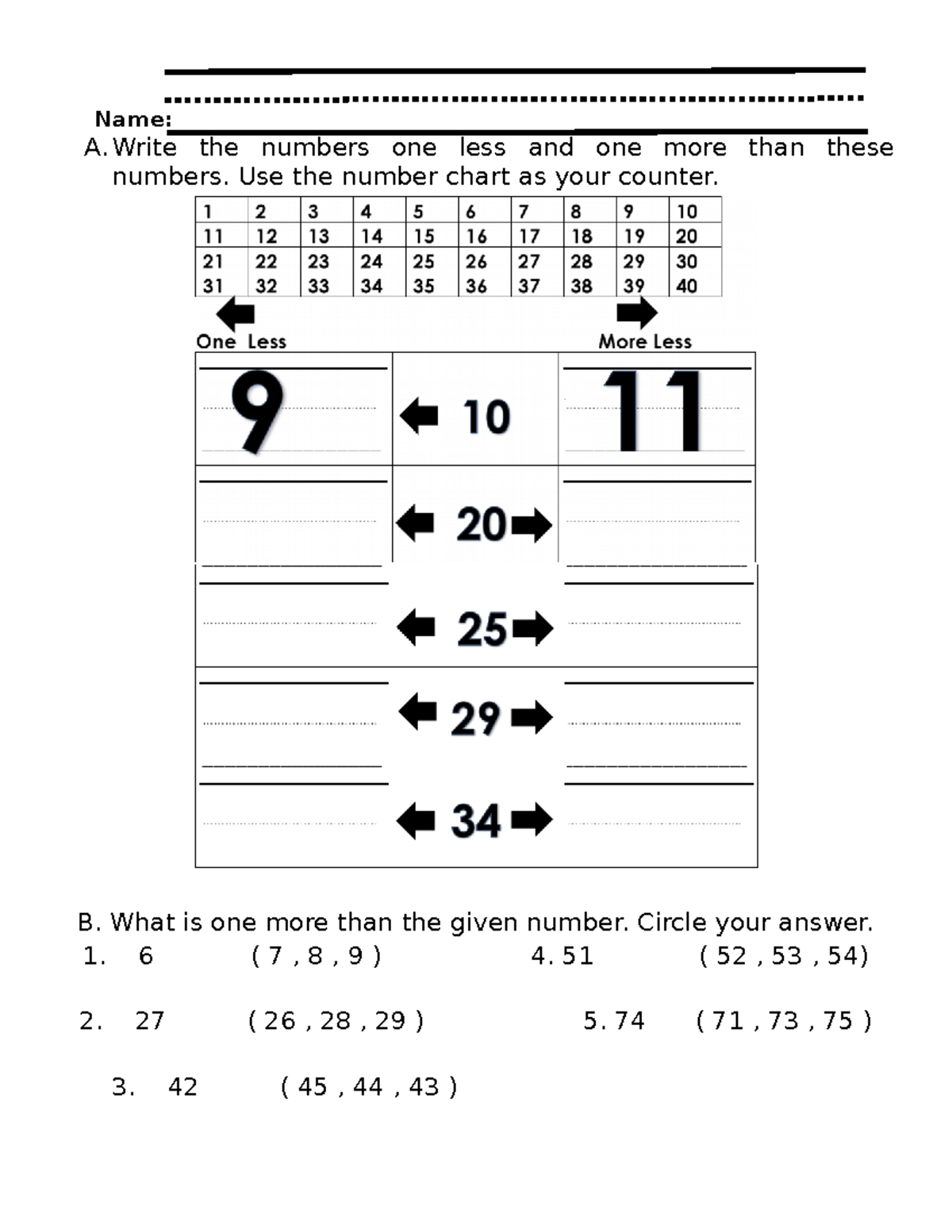 8 am Math 1 - for grade 1 - research - Name: A. Write the numbers one ...