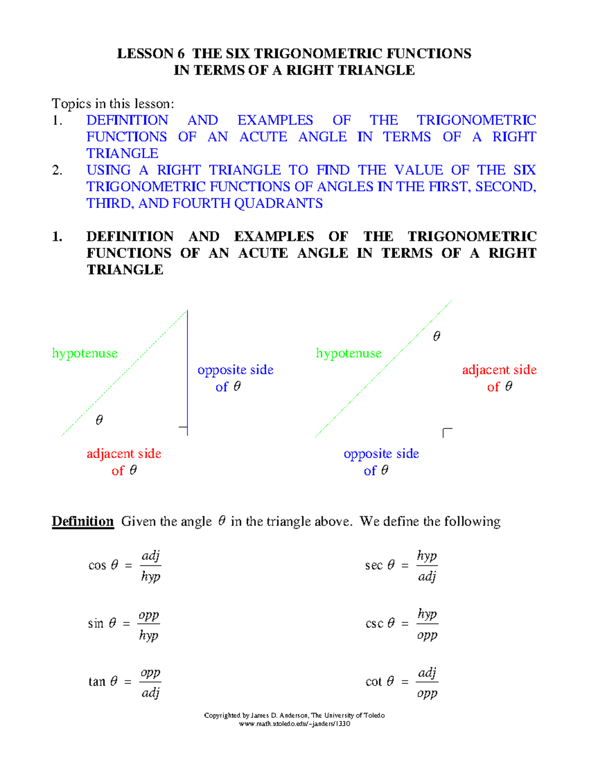 Lesson 6 - Notes from class - LESSON 6 THE SIX TRIGONOMETRIC FUNCTIONS ...