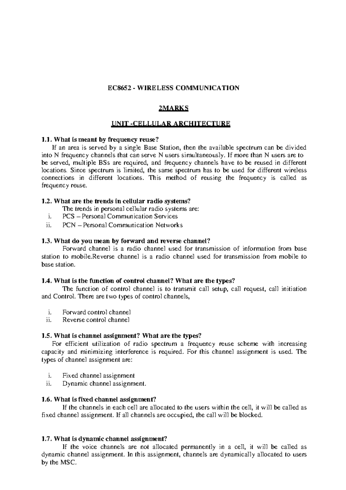 EC8652 QB - ddddd - EC8652 - WIRELESS COMMUNICATION 2 MARKS UNIT ...