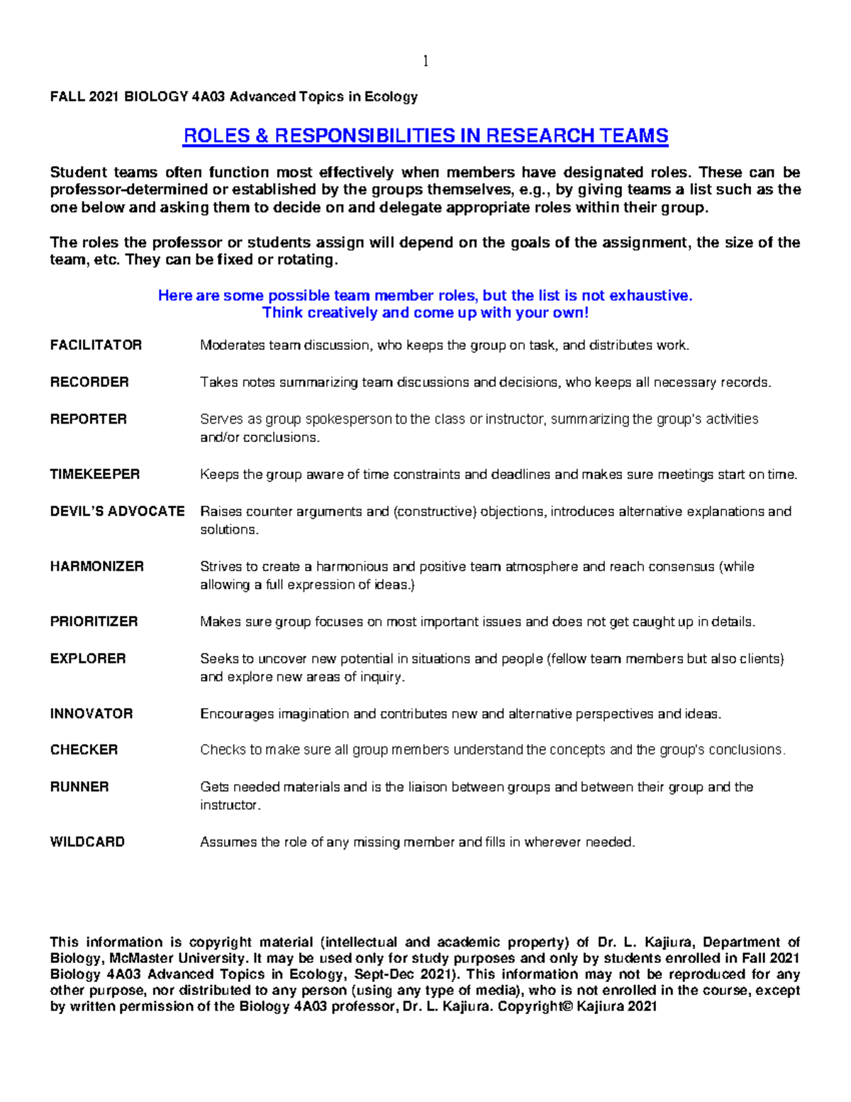 Fall 2021 Biology 4A03 Roles & Responsibilities in Research Teams - 1 ...