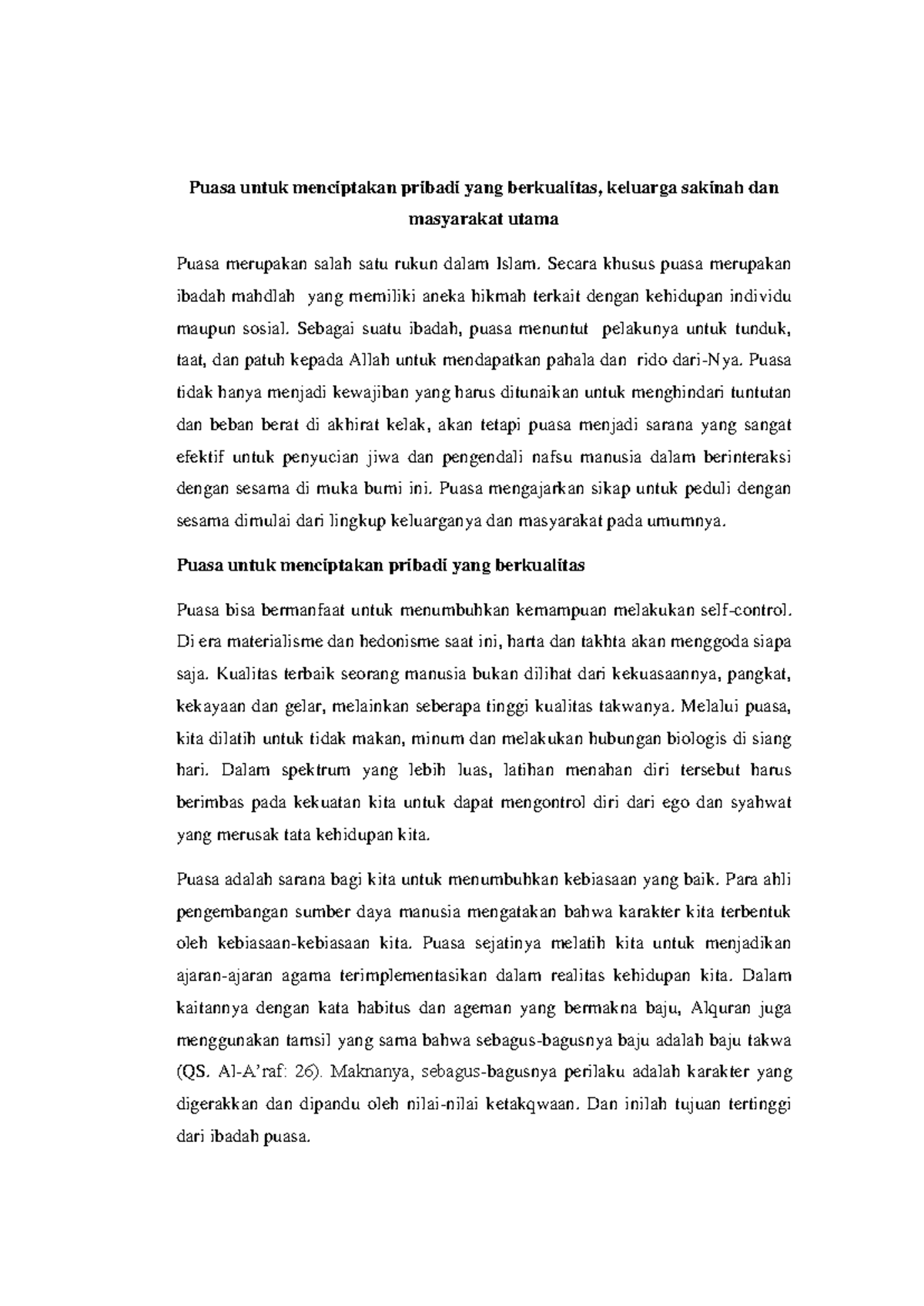 Puasa untuk menciptakan pribadi yang berkualitas, keluarga sakinah dan ...
