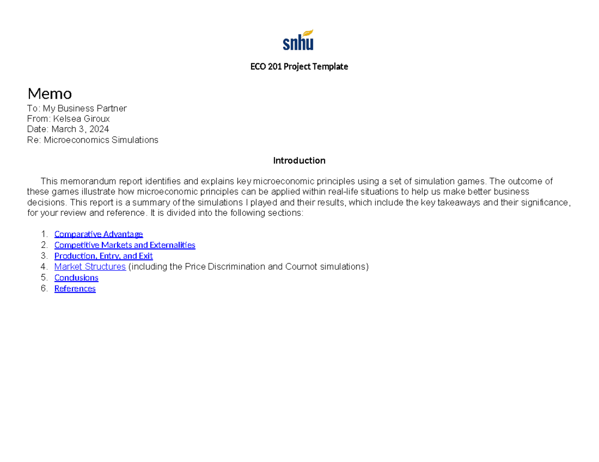 module 8 final project - ECO 201 Project Template Memo To: My Business ...