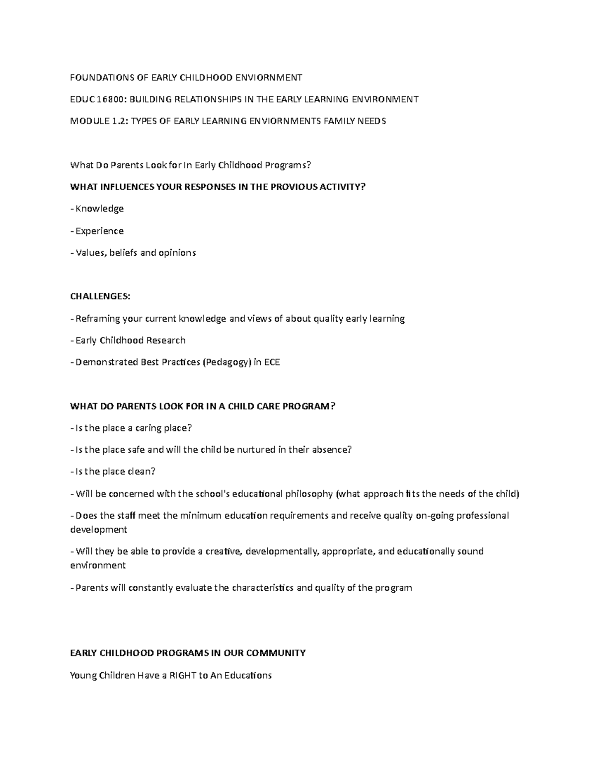 Module 1 - Lecture notes Class 2 - FOUNDATIONS OF EARLY CHILDHOOD ...